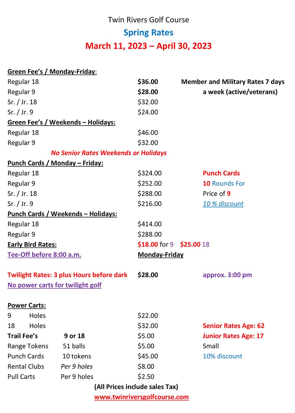 Rates - Twin Rivers Golf Course