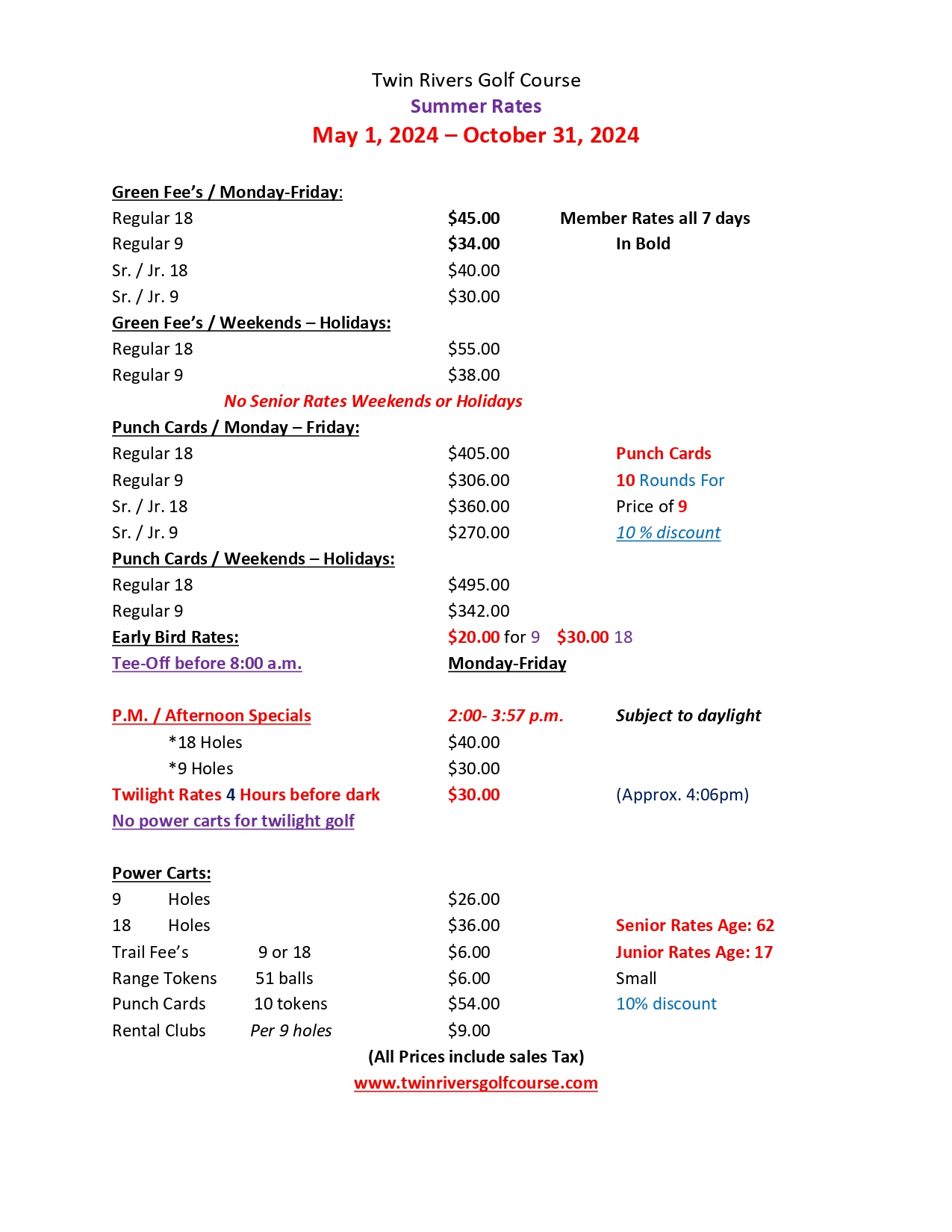 Rates - Twin Rivers Golf Course